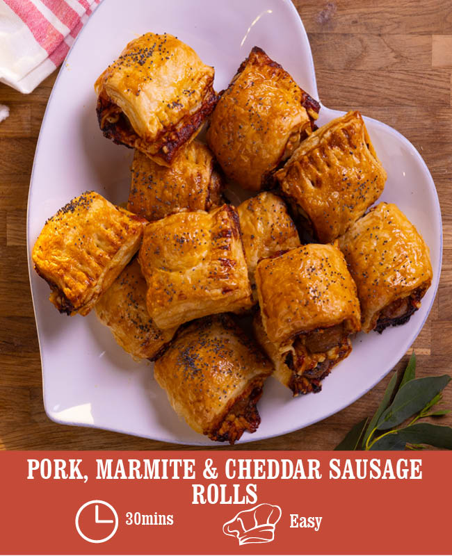 PORK, MARMITE & CHEDDAR SAUSAGE ROLLS – Heck Food Ltd