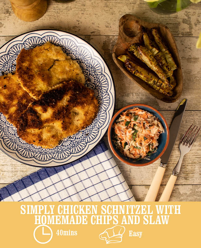 Simply Chicken Schnitzel With Homemade Chips and Slaw – Heck Food Ltd